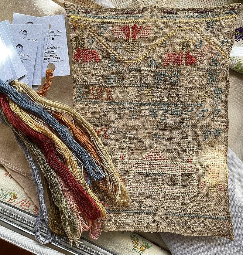 "Birds on the Temple Antique Sampler Reproduction"